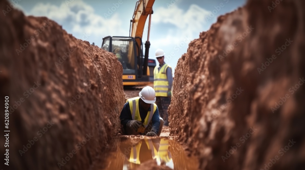 Construction worker wear safety uniform are excavation water drainage ...