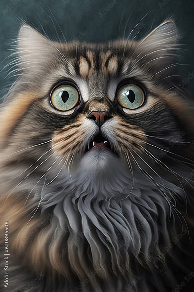 Cat expressing fear. A brown, long-haired cat looks up with large, open ...