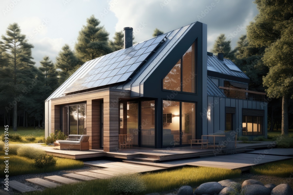 Photo & Art Print Passive house with solar panels, Sustainable ...