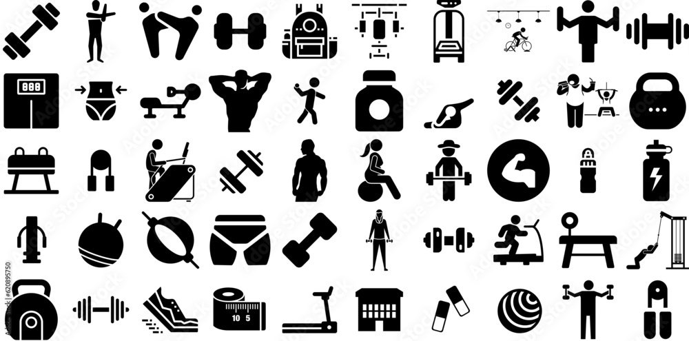 Mega Collection Of Gym Icons Set Hand-Drawn Black Drawing Glyphs Shoe ...