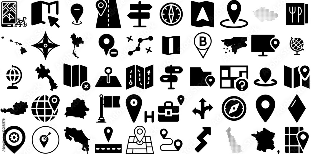 Mega Set Of Map Icons Collection Hand-Drawn Black Vector Silhouettes ...
