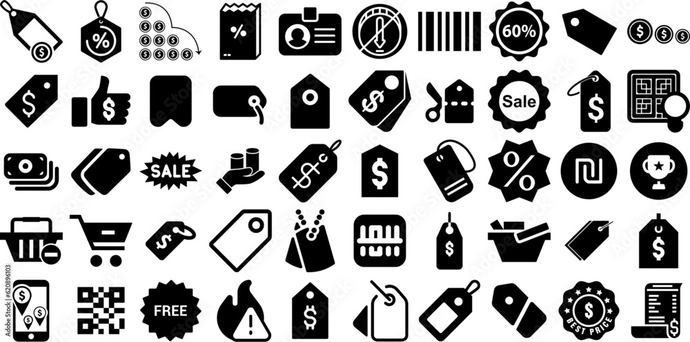 Massive Collection Of Price Icons Collection Black Cartoon Pictograms ...