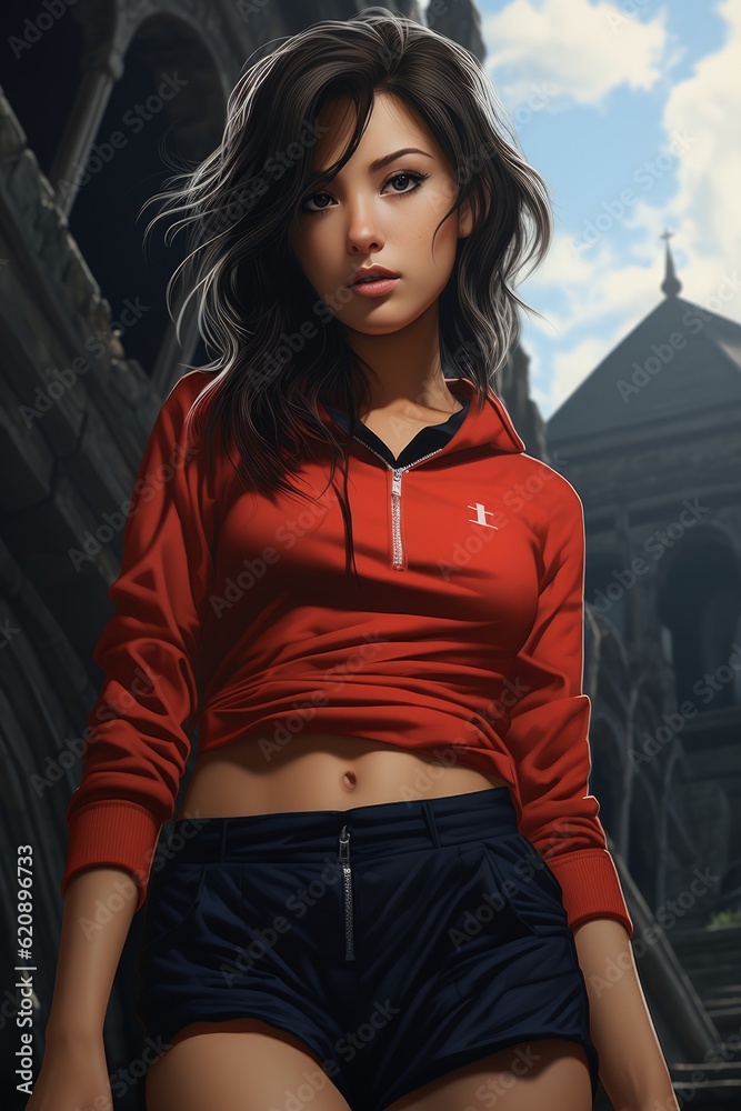 Beautiful Hot Anime Girl In Short Shorts And Jacket Stock Illustration Adobe Stock
