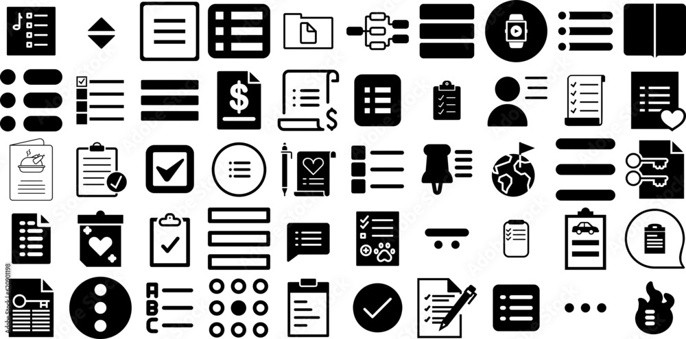 Big Set Of List Icons Pack Solid Drawing Silhouette Icon, Product ...