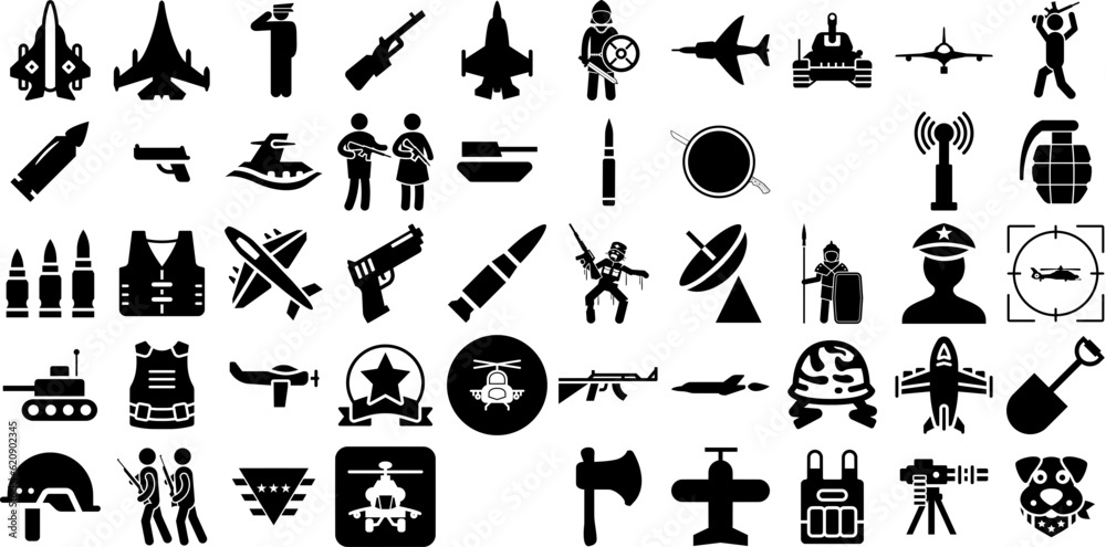 Big Collection Of Army Icons Set Hand-Drawn Linear Simple Silhouettes ...