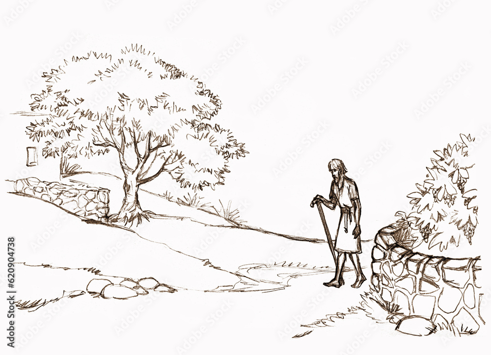 Pencil drawing. The prodigal son goes home Stock Illustration | Adobe Stock