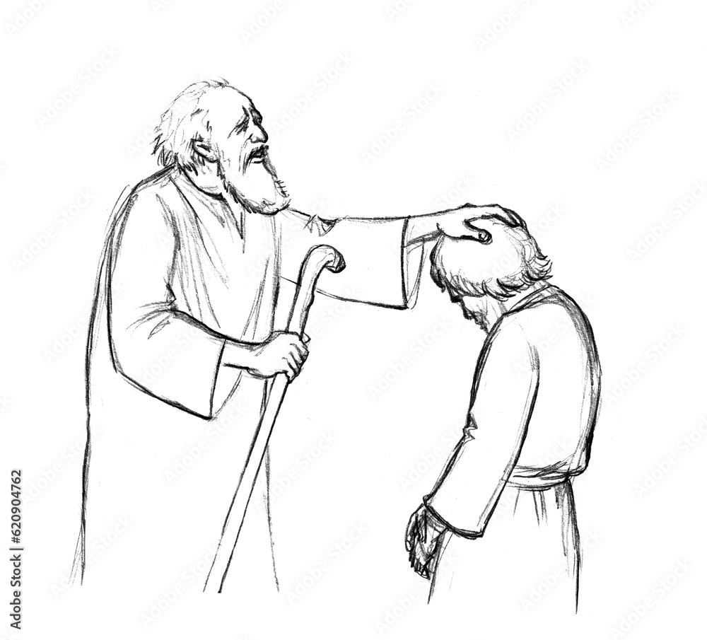 Pencil drawing. Isaac blesses Jacob Stock Illustration | Adobe Stock