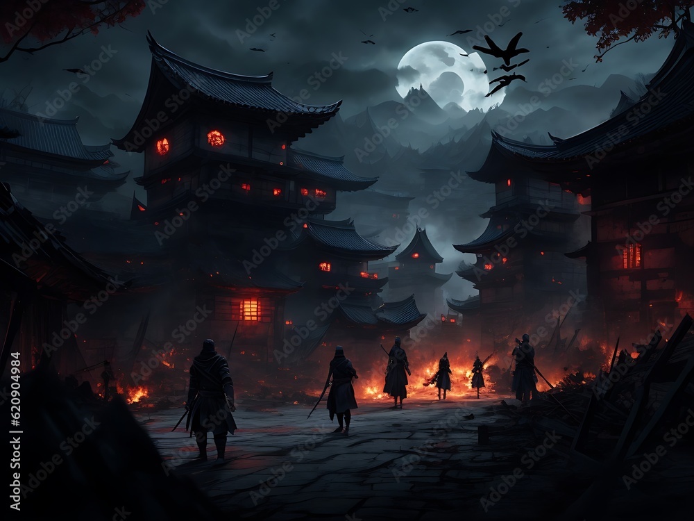 The Japanese village surrounded by mountain and lake after samurai ...