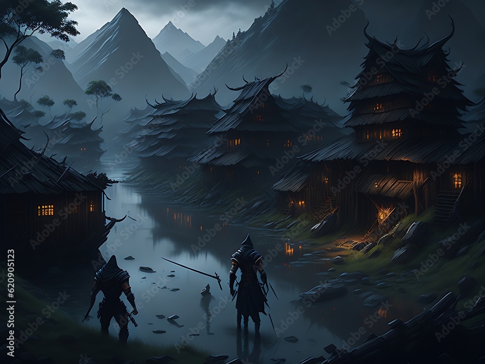 The Japanese village surrounded by mountain and lake after samurai ...