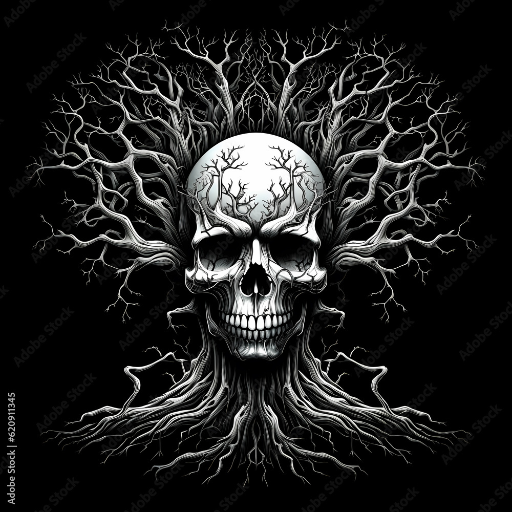 Skull and Tree Roots tshirt tattoo design dark art illustration ...