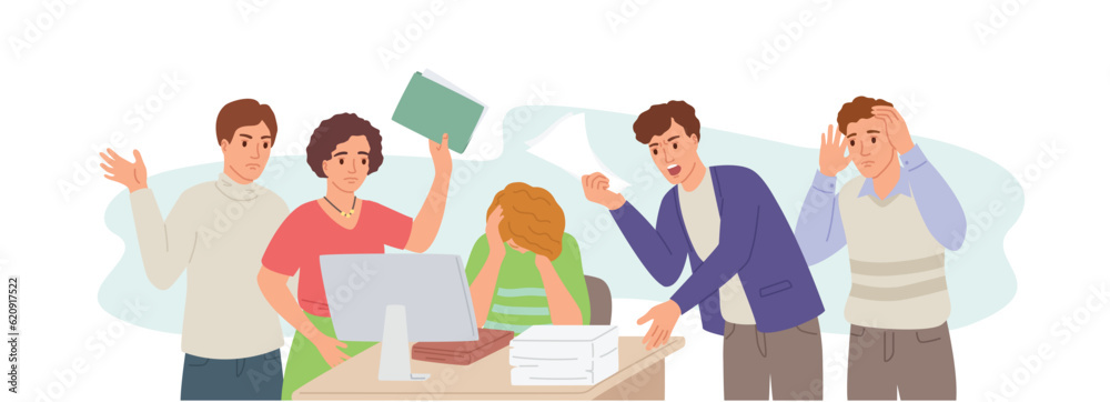 Angry team. Working stress, office chaos and stressed employees cannot ...