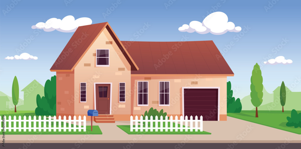 Suburban house exterior. Cozy neighborhood home with driveway to garage ...