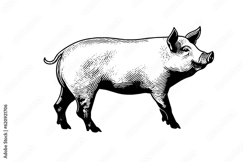 Vector illustration of pig in engraving style, hand drawing sketch ...