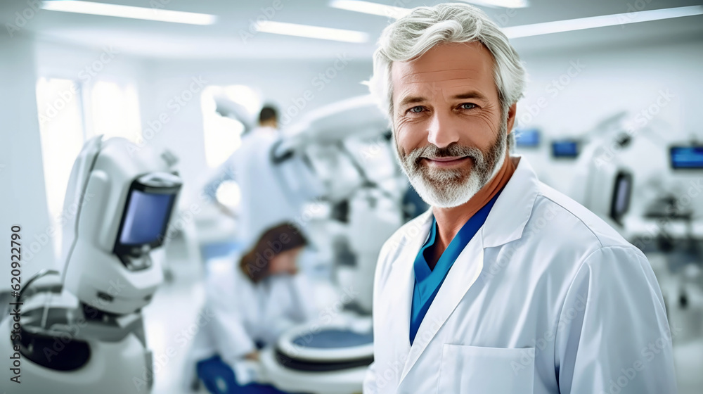 Specialist researcher standing on Automated scientist laboratory ...