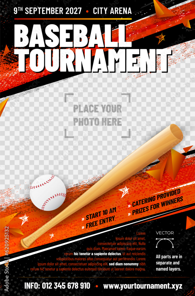 Baseball tournament poster template with bat and ball Stock Vector ...