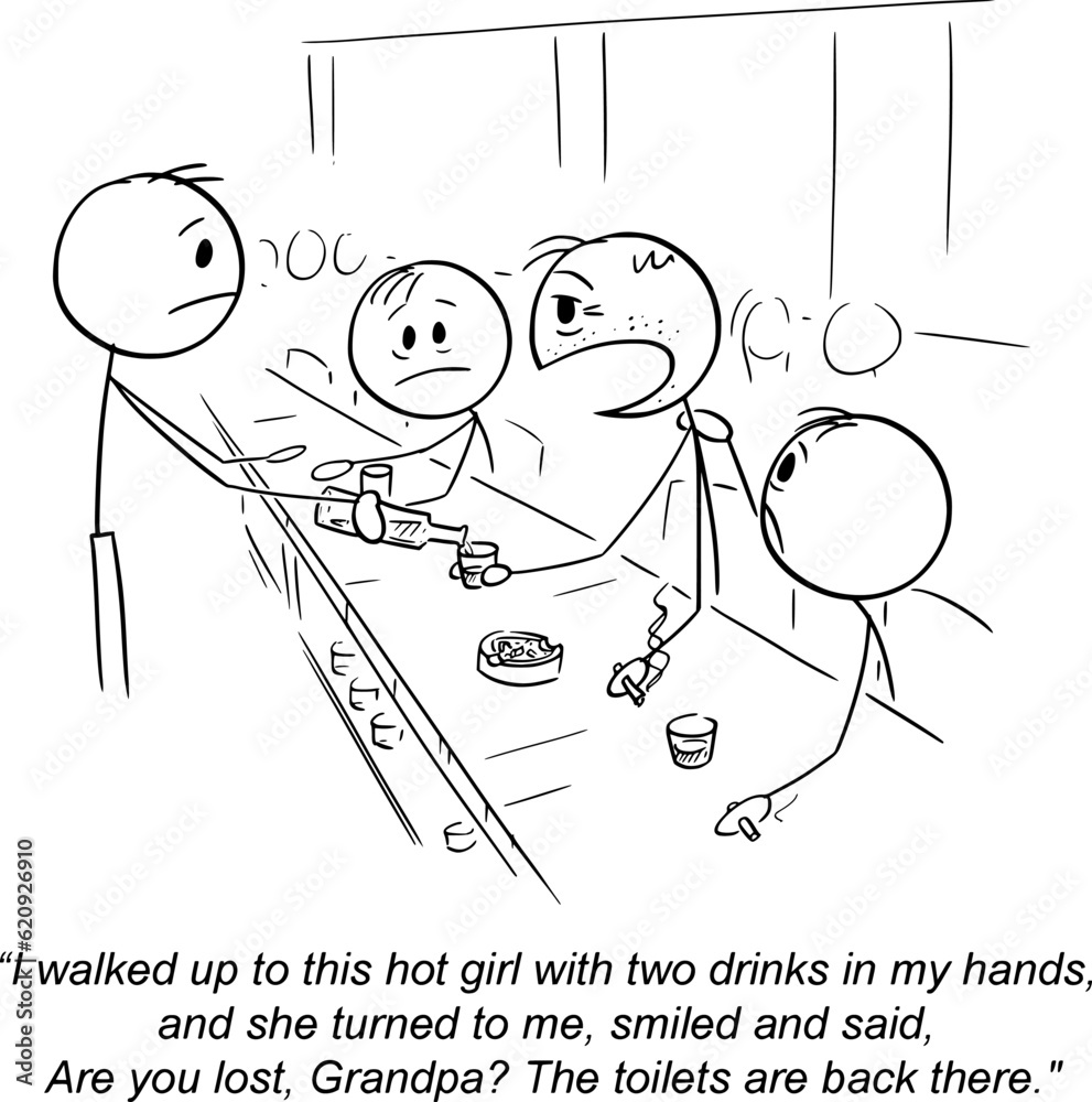 Frustrated Aging Man in a Bar, Vector Gag Cartoon Stick Figure ...
