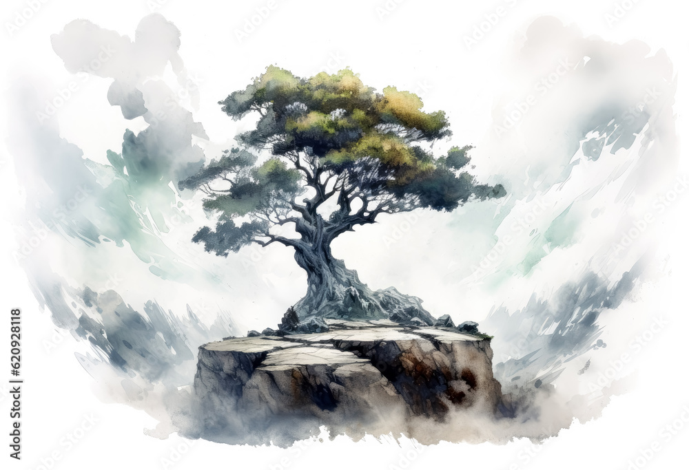 Flat watercolor drawing of the world tree Yggdrasil. Stock Illustration ...