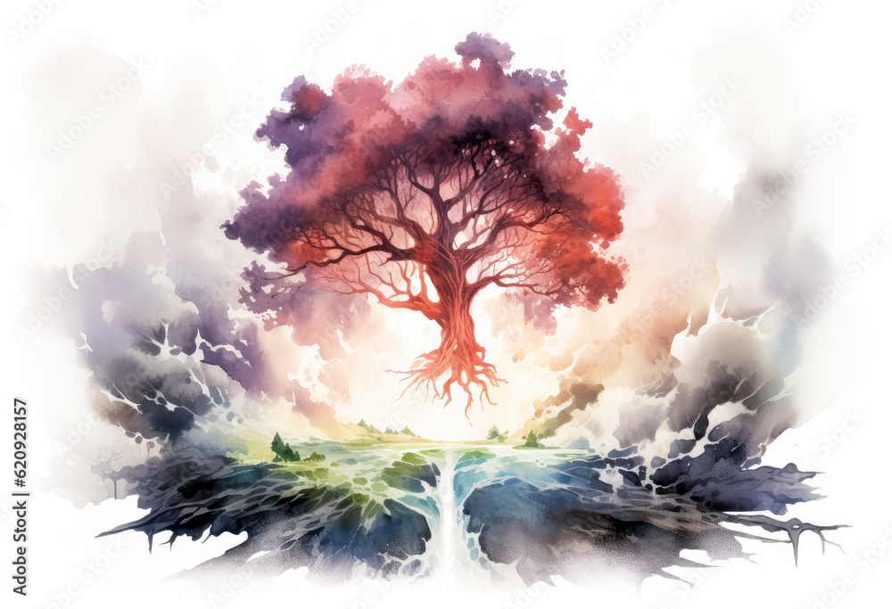 Flat watercolor drawing of the world tree Yggdrasil. Stock Illustration ...