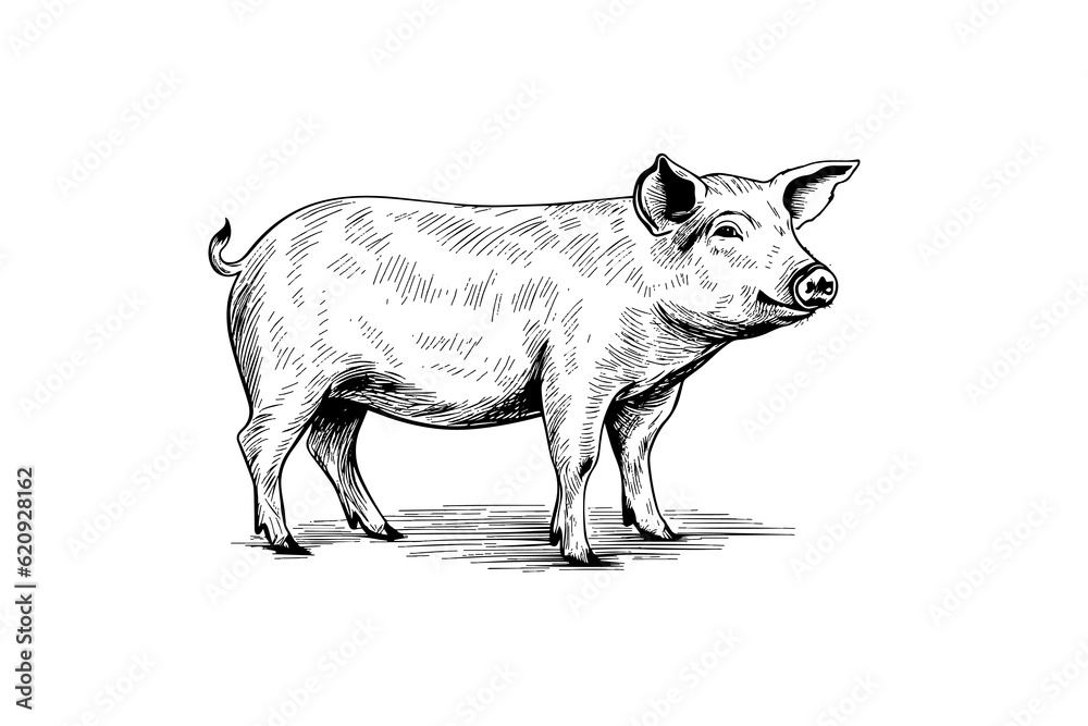 Vector illustration of pig in engraving style, hand drawing sketch ...
