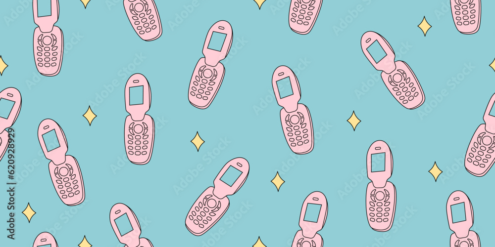 Seamless pattern with retro flip phone. 2000s style technology. Old ...