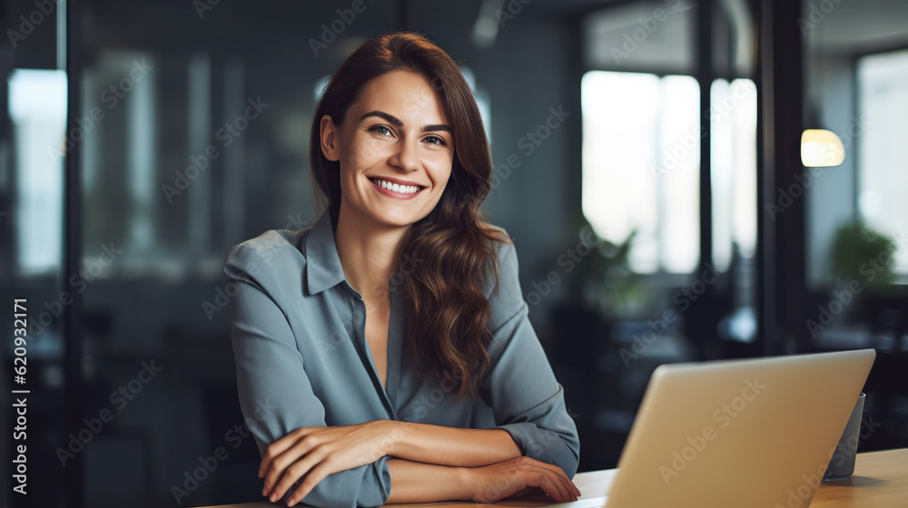 Professional female employee or a businesswoman using a laptop in a ...