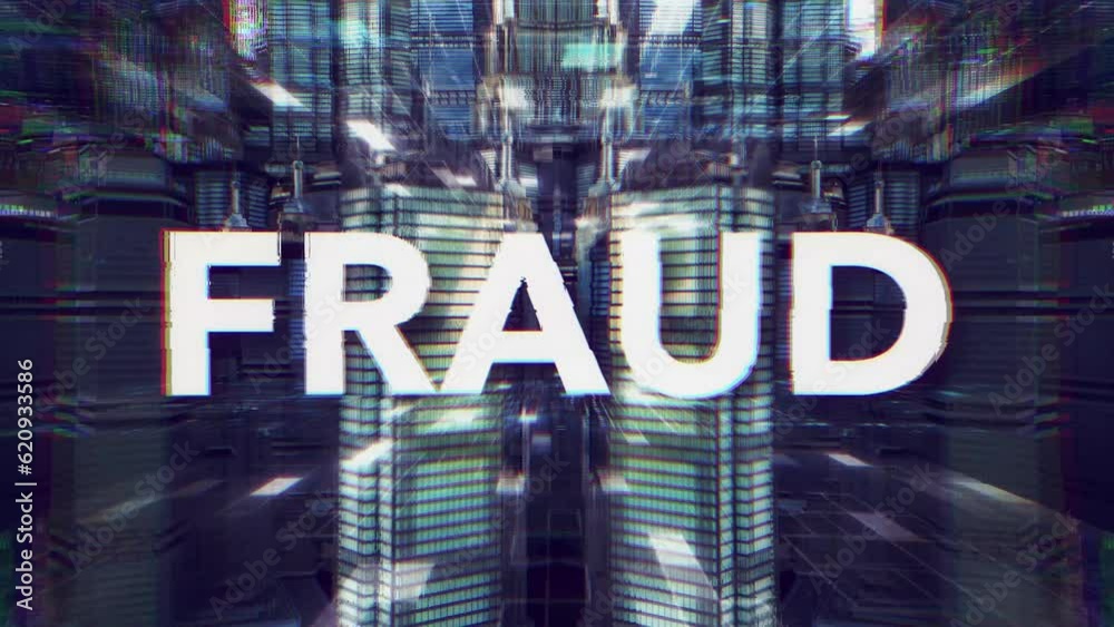 Fraud type animation set against a beautiful abstract city landscape ...