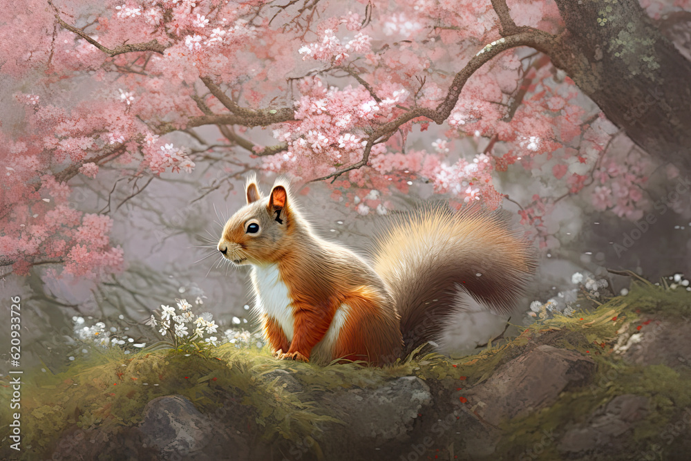 Squirrel sniffing around the base of a tree in a blooming spring garden ...