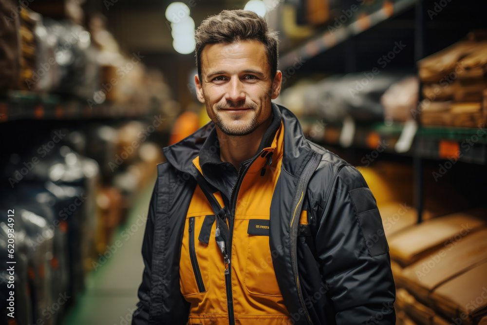 Storekeeper man in a warehouse. Portrait of a professional worker ...