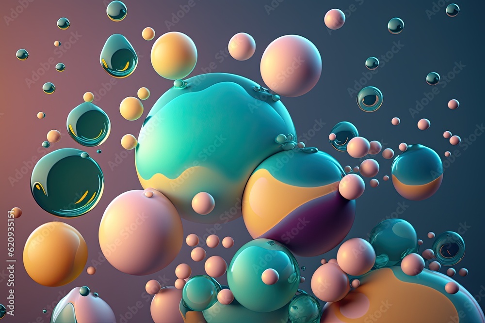Fluid liquid abstract sphere pattern, water drops, merging spheres, AI generated art, blue ...