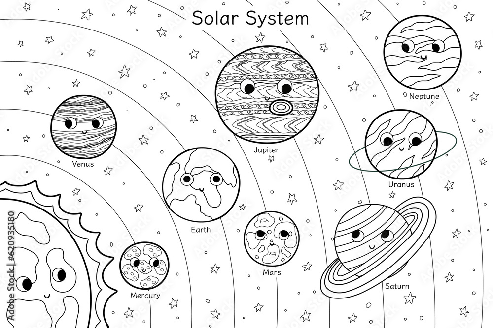 Poster Solar System coloring page with cute planets – Wall Art | UkPosters