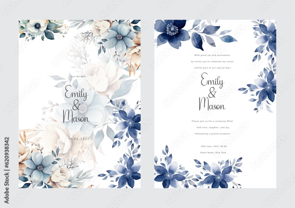 Elegant blue frame with floral watercolor background of wedding ...