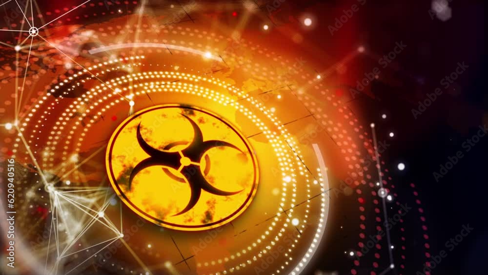 Round warning sign with biological hazard. Bright yellow animation with ...