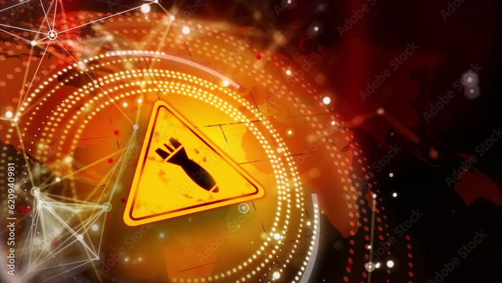 Yellow warning symbol danger of bombardment. Military animation with ...
