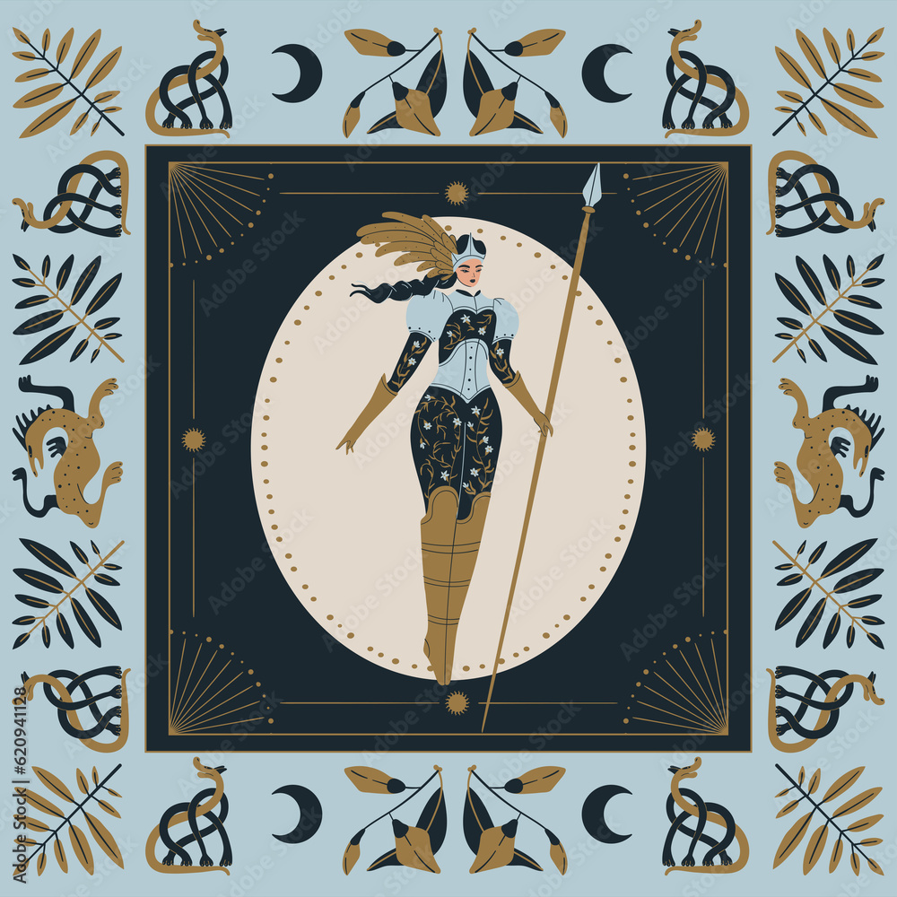 Old Norse Celtic pattern frame Valkyrie female warrior Stock ...