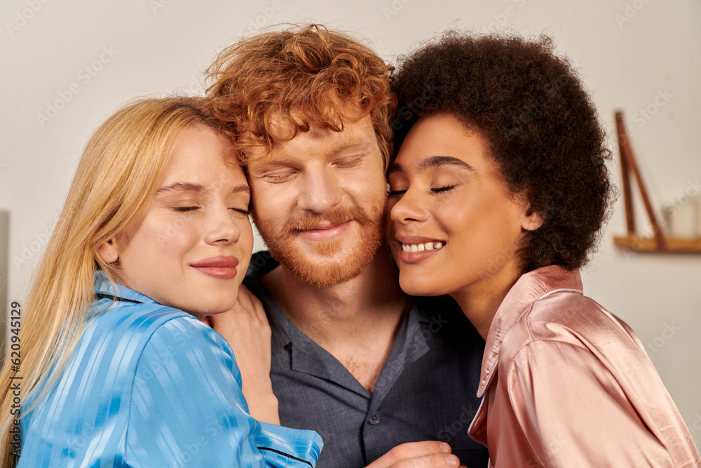 Polygamy Lovers Portrait Of Happy Man With Red Hair And Multicultural
