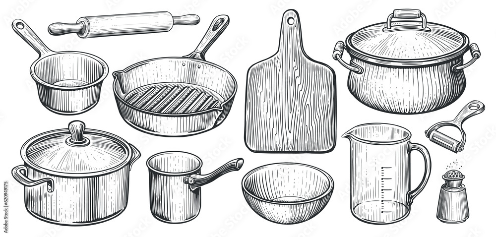 Kitchen utensils set in vintage engraving style. Cooking concept ...