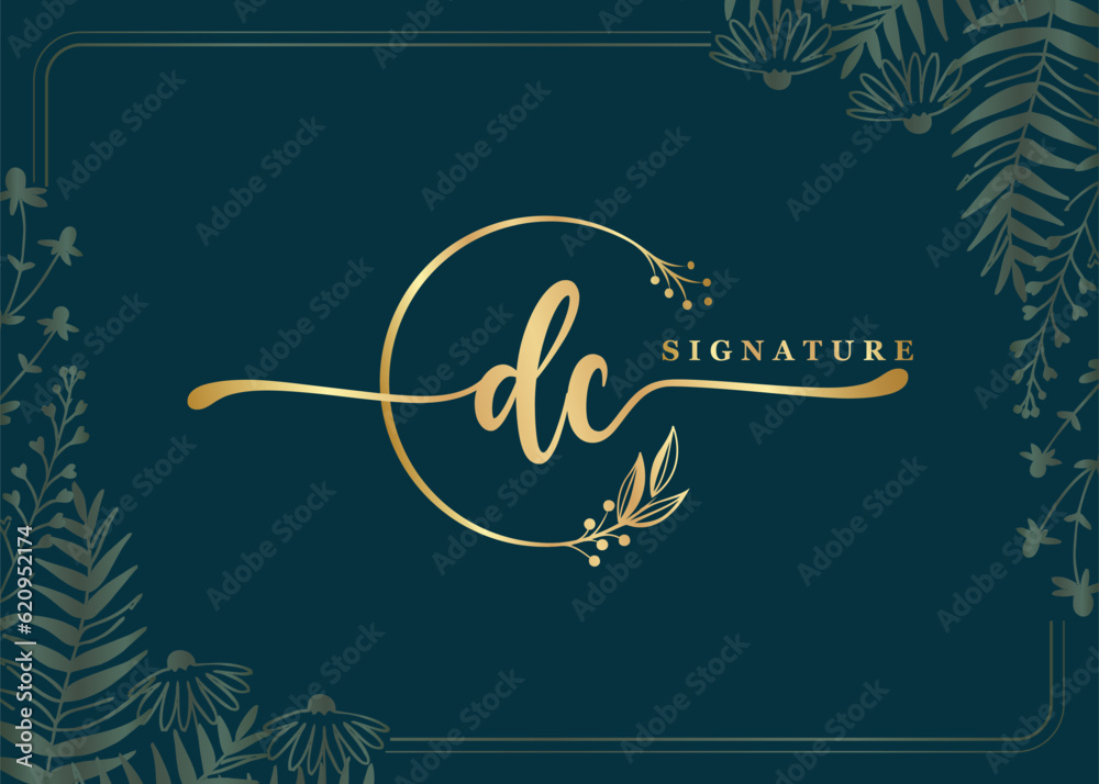 luxury gold signature initial dc logo design isolated leaf and flower ...