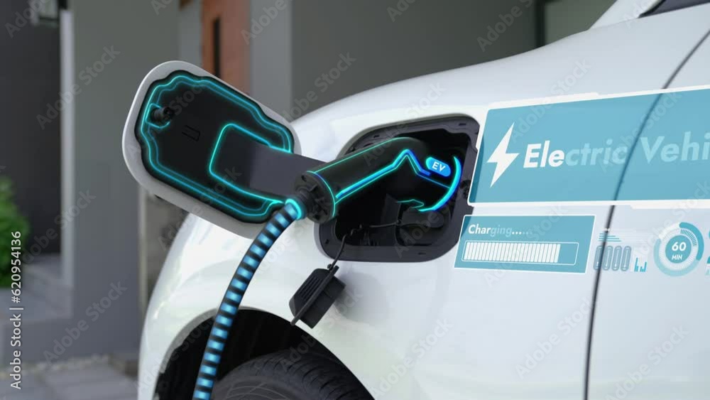 Electric car recharging in futuristic home charging station with smart ...