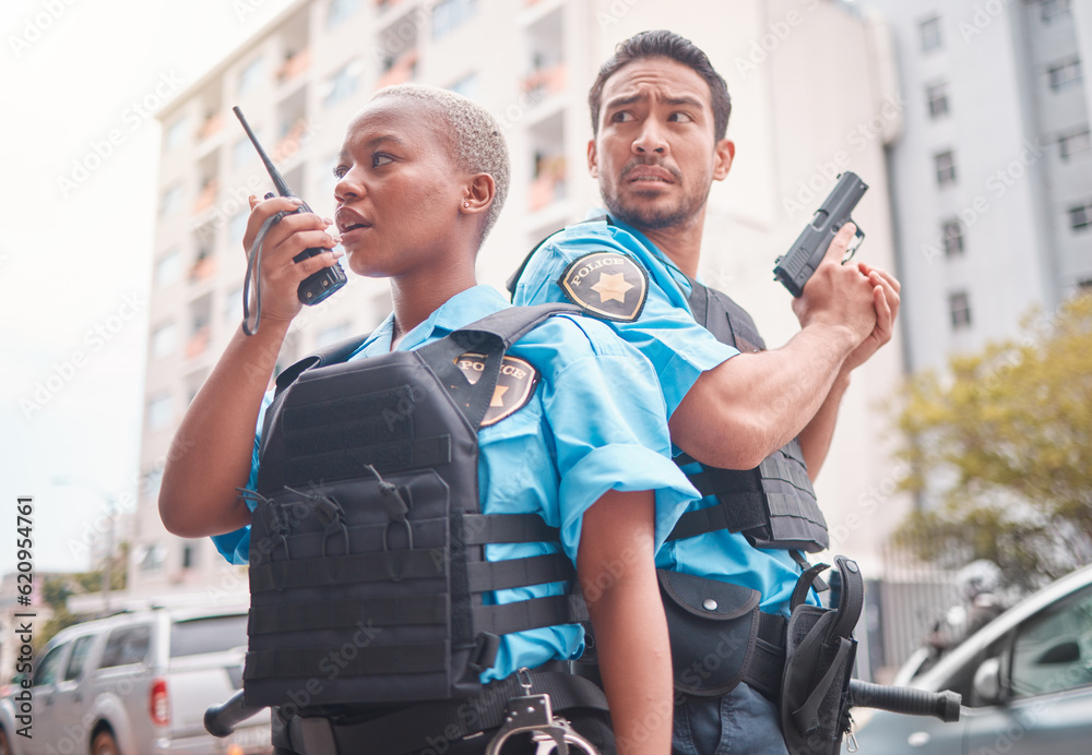 Team, gun and police in the city for crime, talking into equipment and ...