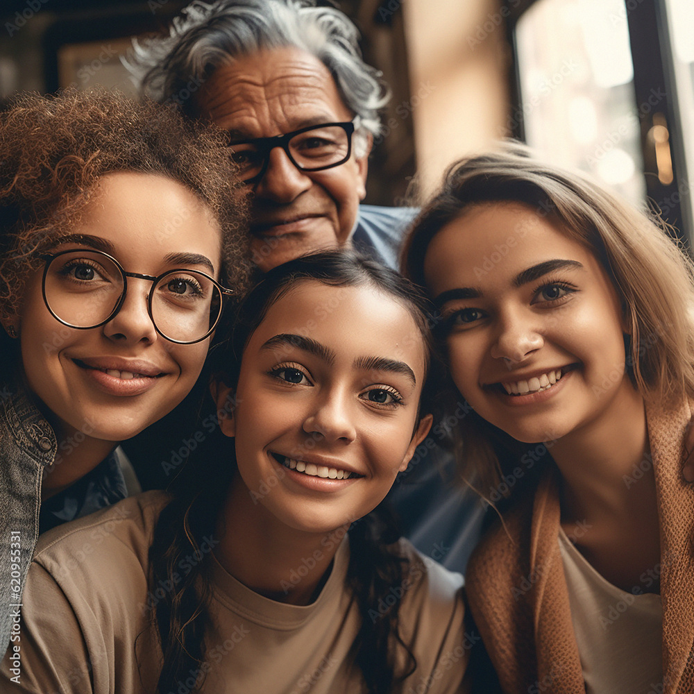 Happy, selfie and portrait of grandparents and children at home in ...