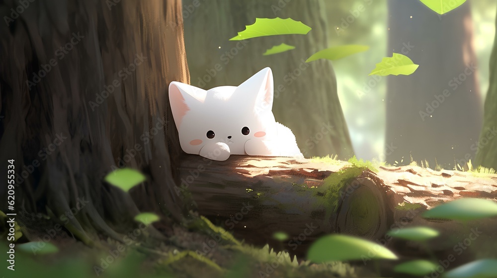 anime style super cute white cat hiding in the tree, chibi animation ...