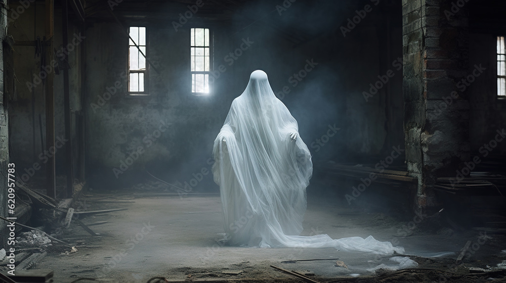 Transparent ghost figure in veil floating in an old abandoned building ...