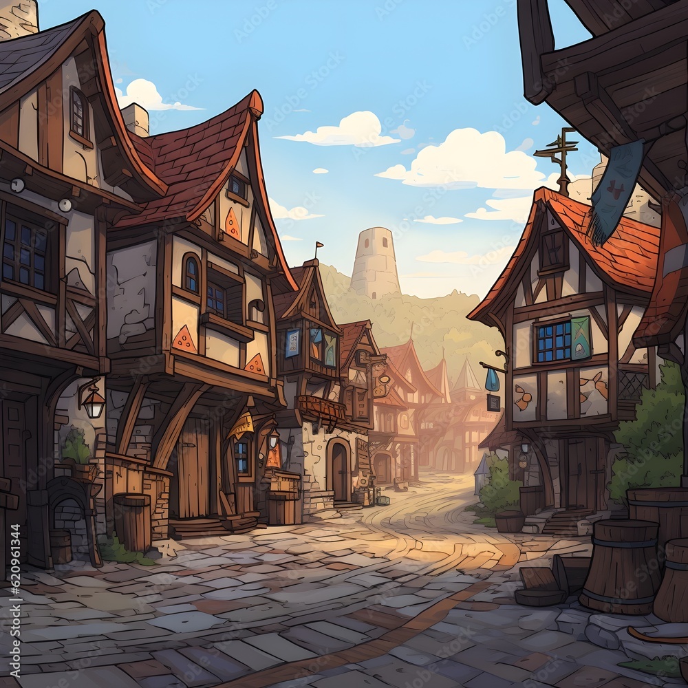 Drawing, Colourful Warm and styled village the local inn is seen along ...