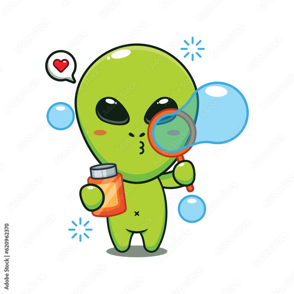 cute alien blowing bubbles cartoon vector illustration. Stock Vector ...