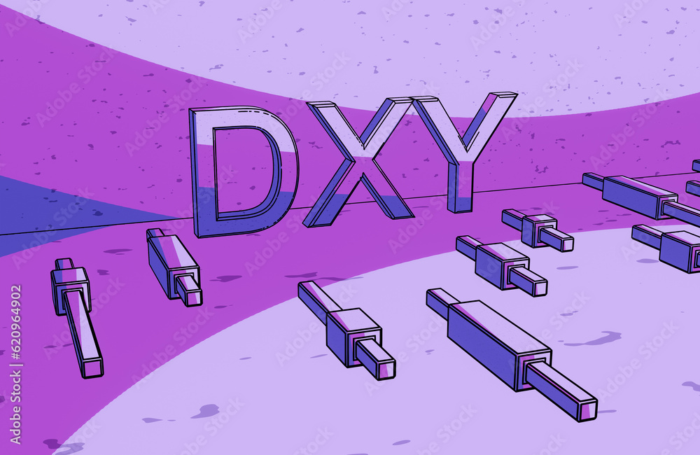 DXY sign and chart of growth and fall, dollar index in cartoon style ...