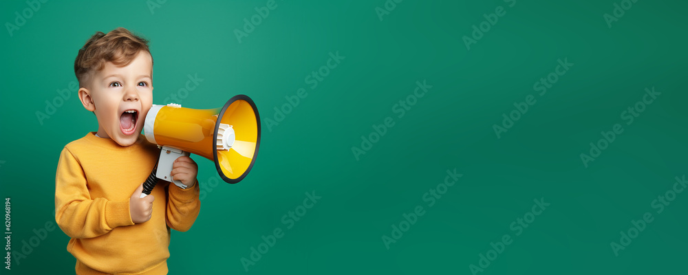 Young boy shouting into a megaphone banner. Generative AI illustration ...
