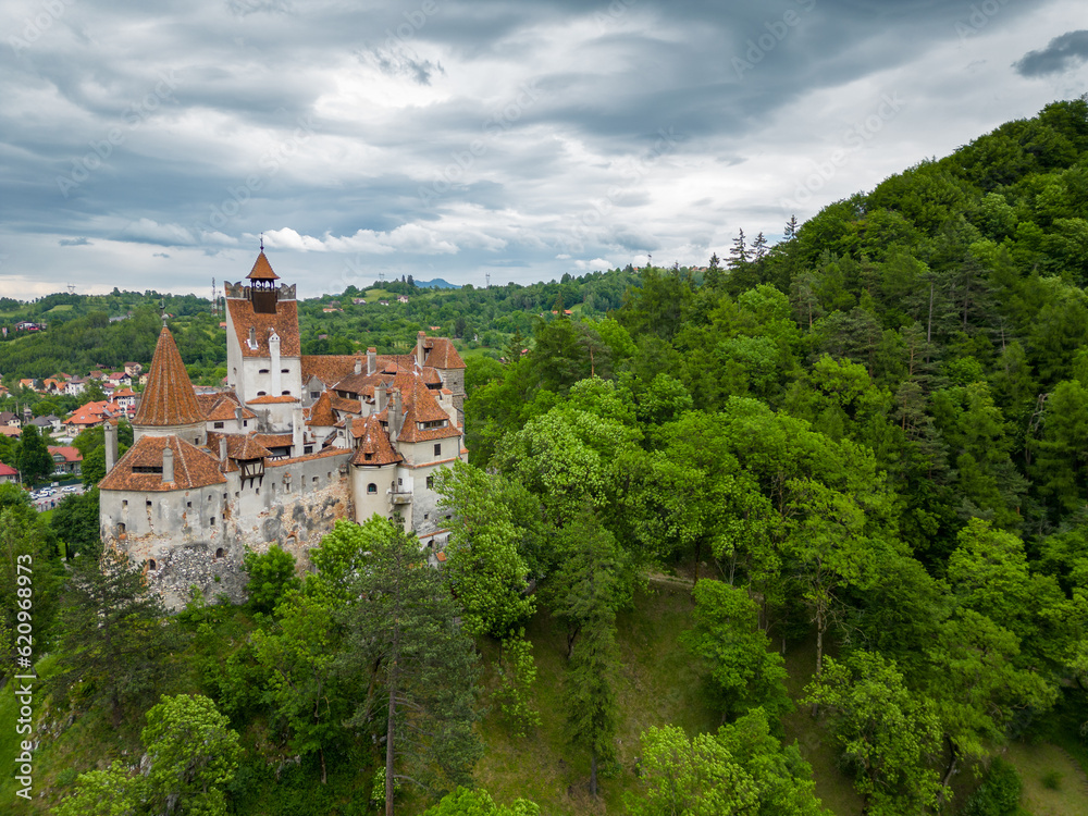 Aerial drone perspective of Bran medieval castle. Located in Romania ...