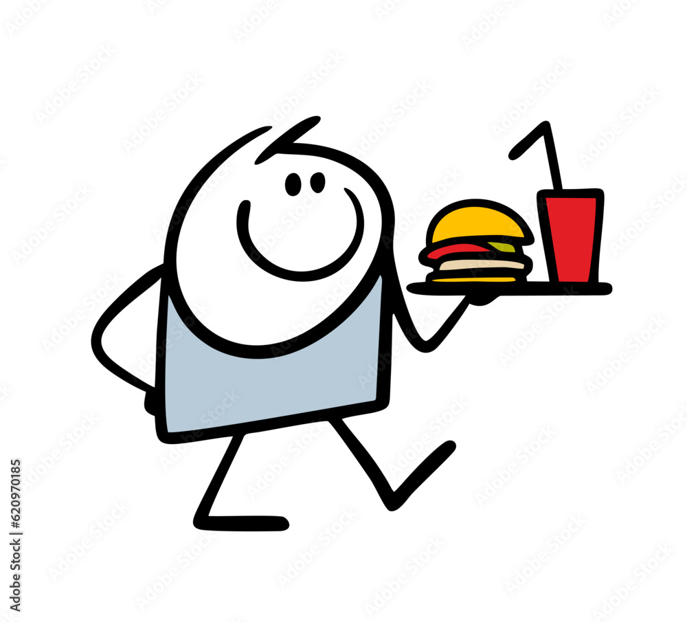 Cute stickman waiter carries a drink and a hamburger on a tray. Vector ...