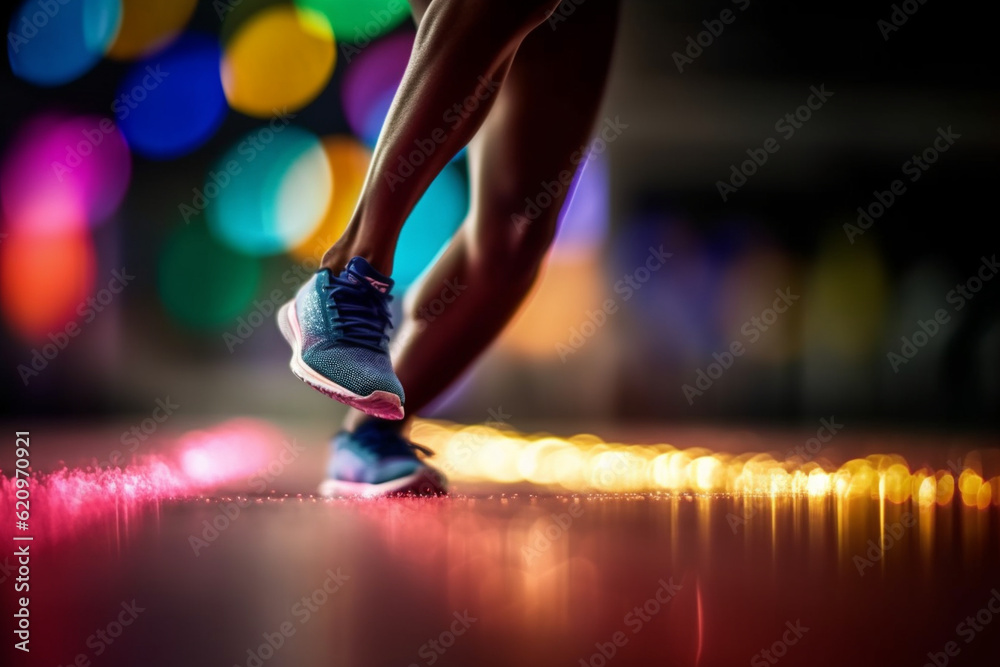 An athlete running from behind on a track with a bokeh background of ...