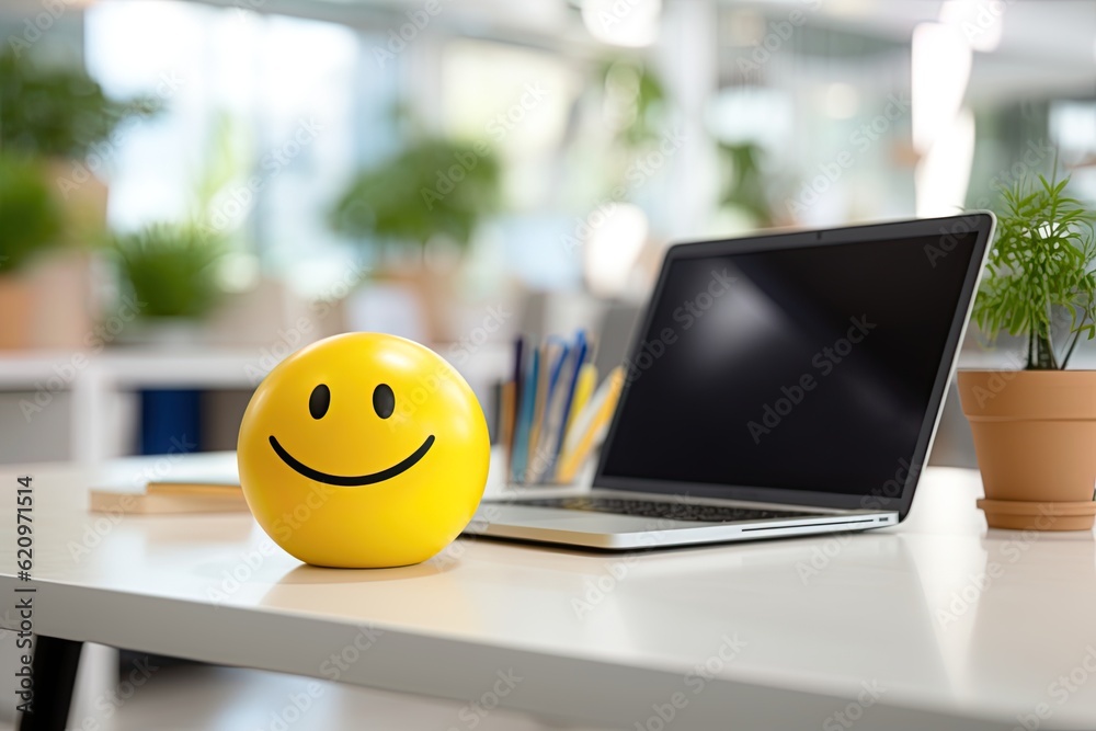 Smiley emoticon and lap top with blank screen at office desk. Copy ...